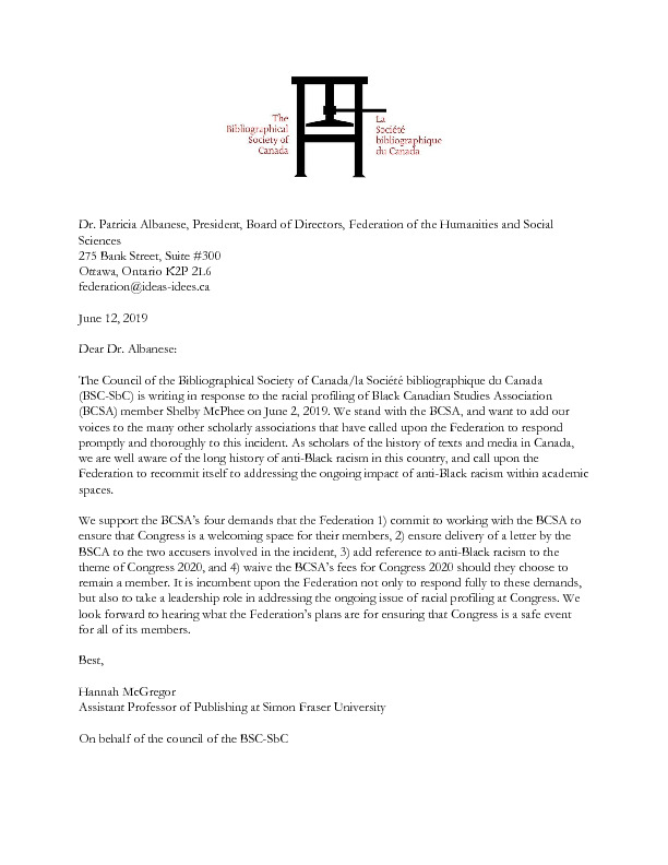Letter to Federation re anti-Black racism_logo – The Bibliographical ...